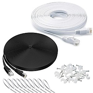 DAYEDZ Ethernet Cable 100 ft 2 Pack Cat 6 Flat Cable Ethernet Cord, Slim Long Cat6 High Speed Computer Router Network LAN Patch Wire with Clips & Rj45,Faster Than Cat5e/Cat5,100 feet White+Black