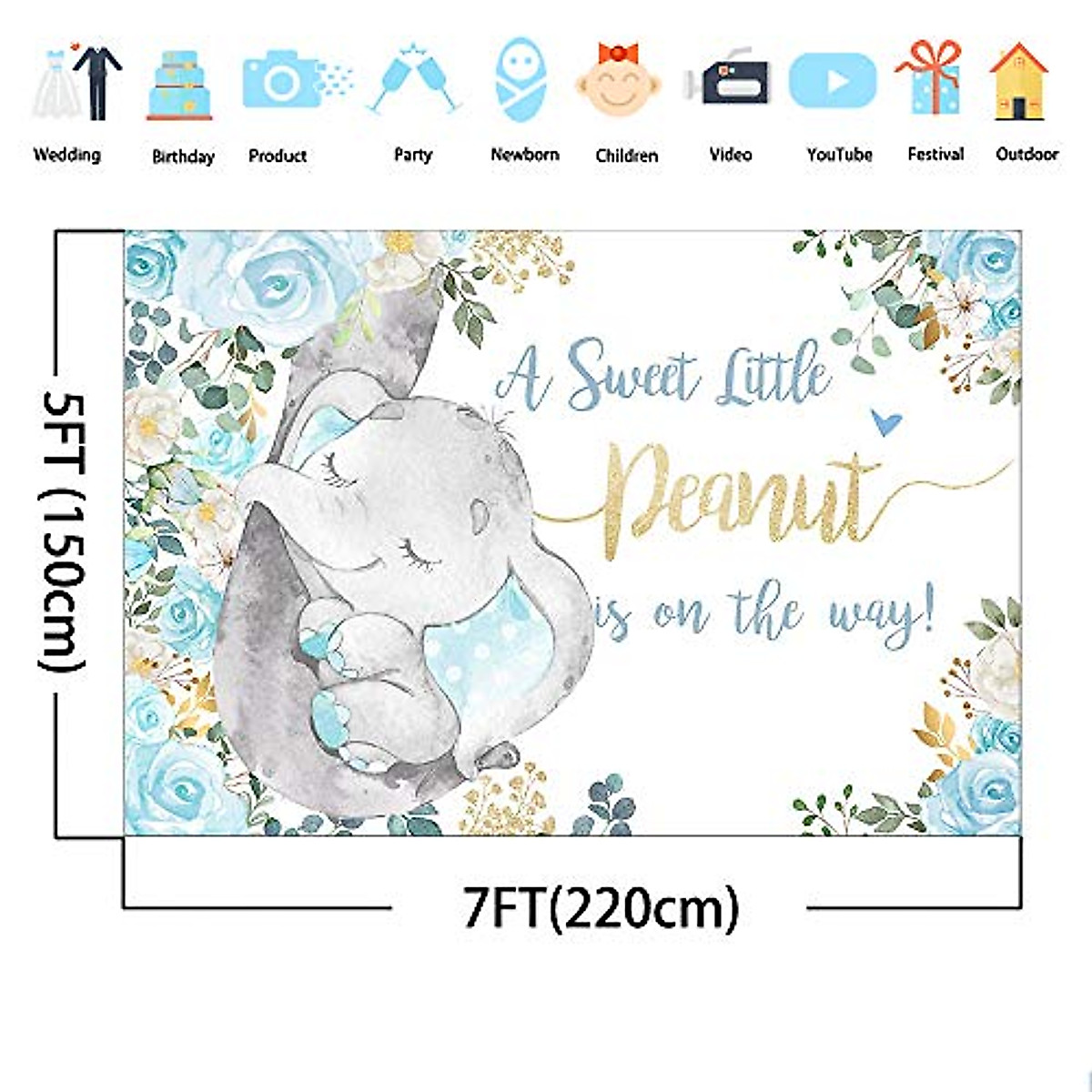 Avezano Boy Elephant Baby Shower Backdrop Blue Floral Rose Jungle Elephant Baby Shower Background 7x5ft Vinyl Blue and Gold Elephant Baby Shower Party Decorations Backdrops for Boys