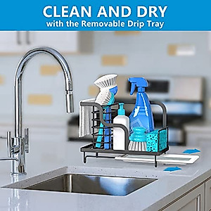 FixOwl Kitchen Sink Caddy Sponge Holder Organizer 304 Stainless Steel Sponge Caddy with Drip Tray, Black