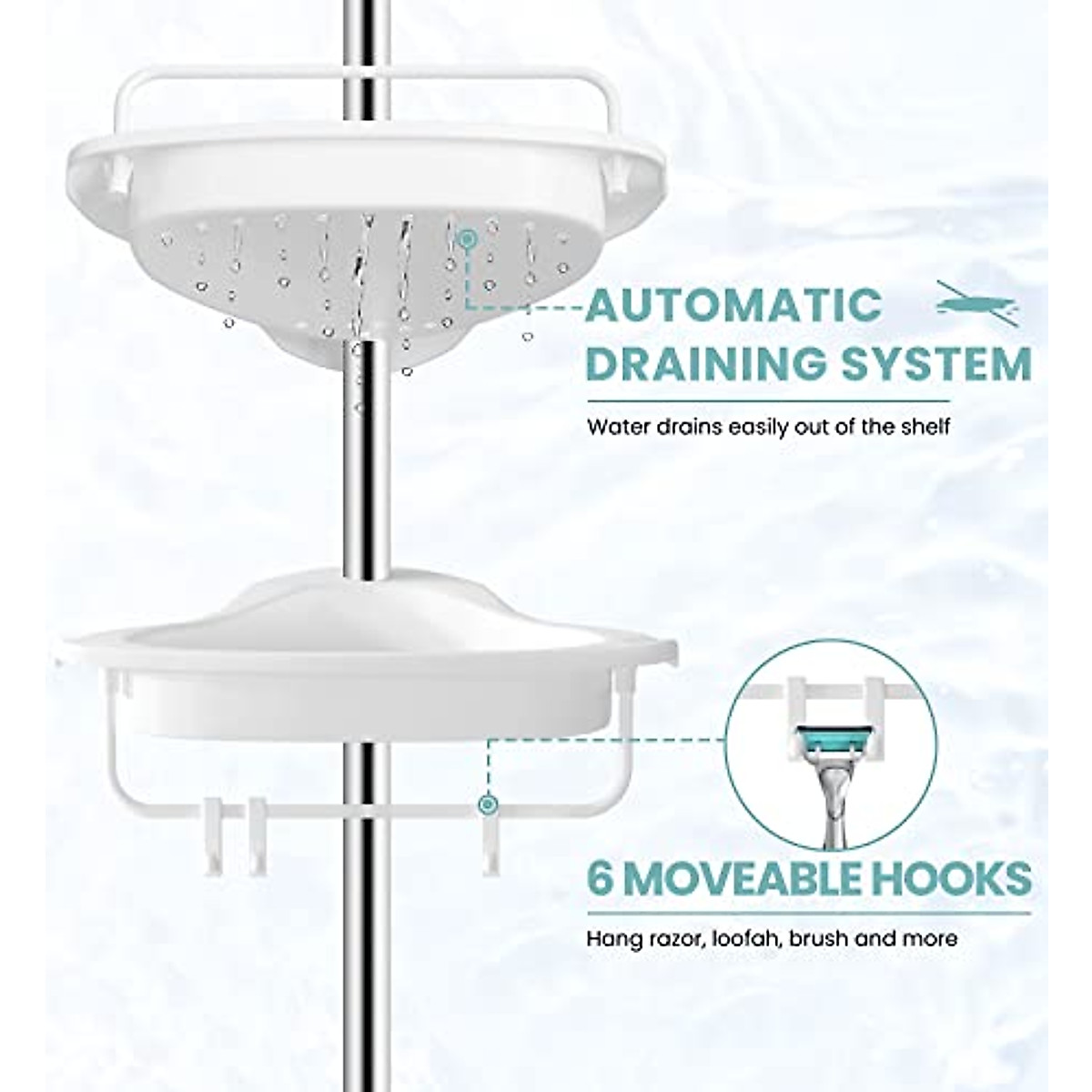 HomeHelper Rustproof Shower Caddy Corner Organizer for Bathroom, 4 Tier Bathtub Shower Storage Organizer with Tension Pole for Shampoo Holder, 56 to 114 Inch, White