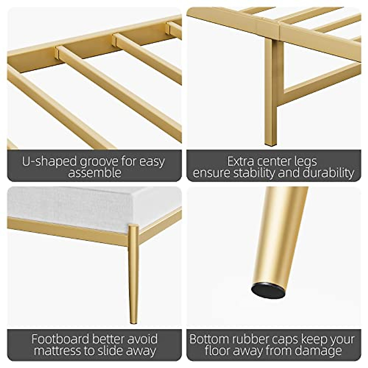 Amyove Gold Bed Frame Full Size Bed Frame with Modern Headboard, Platform Bed 14 Inches Metal Mattress Foundation for Storage, No Box Spring Needed, Easy Assembly, Gold