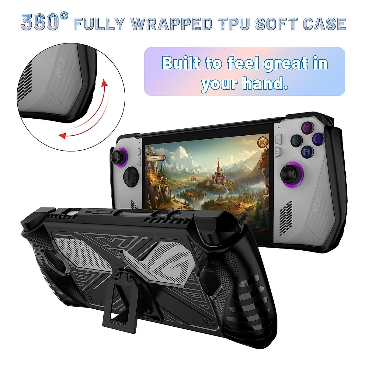 PAKESI Protection Case for ASUS ROG Ally - Rugged TPU with Built-in Stand for Game Handheld Console - Anti-Drop Shockproof Shell with 2 Pack Screen Protector (Black)