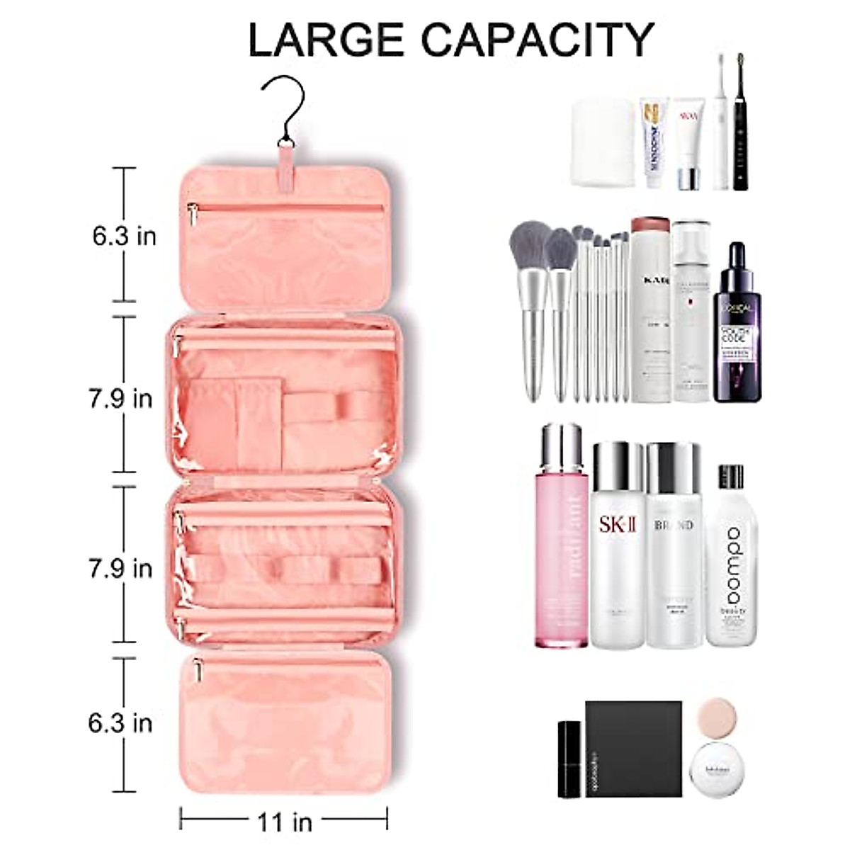 BOOMRICH Travel Toiletry Bag, Hanging Toiletry Bag Cosmetic Bag, Makeup Bag Organizer for Accessories, Shampoo, Full Sized Toiletries (Pink, Medium)