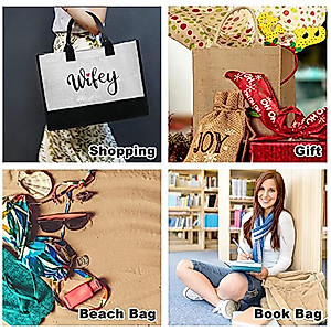 BeeGreen Wifey Jute Beach Bag w Inner Zipper Pocket White Burlap Tote Bag Laminated Interior Large Wedding Gifts Embroidery Monogram Bridesmaid Gift for Engagement Honeymoon Bridal Shower Gift