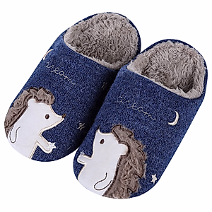 shevalues Fur Lined Animal Slippers for Kids Cute Girls Boys Unicorn Hedgehog House Shoes Fuzzy Embroidered Indoor Slippers Women, Navy Hedgehog, Size 1-1.5 Little_kid