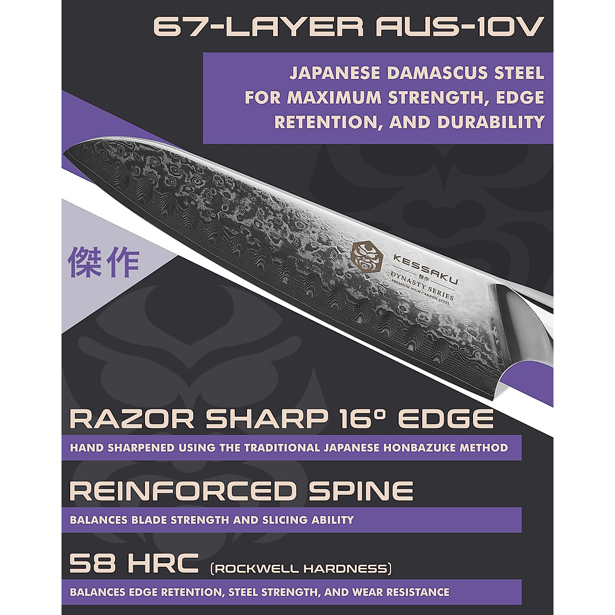 KESSAKU Santoku Knife - 7 inch - Damascus Dynasty Series - Razor Sharp Kitchen Knife - Forged 67-Layer Japanese AUS-10V High Carbon Stainless Steel - G10 Garolite Handle with Blade Guard