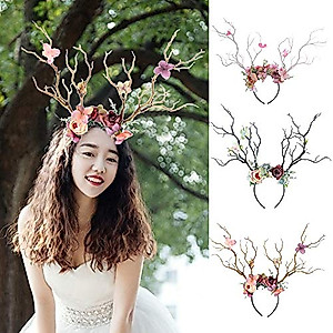 XIDAJIE Deer Antler Flower Crown Headbands Halloween Chritmas Long Antler Flower Branches Headband Props Horns Headpieces Hair Band Photo Shoot Forest Goddess Headdress Headwear, Light Brown