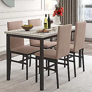 UFINEGO 5-Piece Kitchen Table Set with Imitation Faux Marble Top and Faux Leather Upholstery Chairs Elegant and Versatile 5-Piece Dining Set for Kitchen