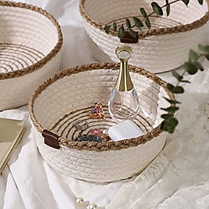 Small Cotton Rope Woven Storage Basket,Decorative Round Cotton Rope Baskets,Desk Basket Containers for Toys, Towels, Nursery, Kids Room, Bedroom,Set of 2, Beige