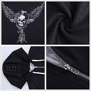 TOMETO STAR Women Causal Zipper Hoodie Skull Wings Print Hooded Jacket Coat Loose Sweatshirt Plus Size Black