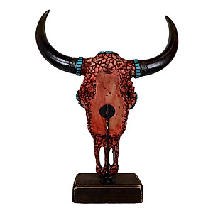 Ebros Gift 18" High Large Western Southwest Steer Bison Buffalo Bull Cow Skull Head with Red Fire Stones Turquoise Beads and Cross Design Desktop Sculpture Native Indian Sacred Skulls