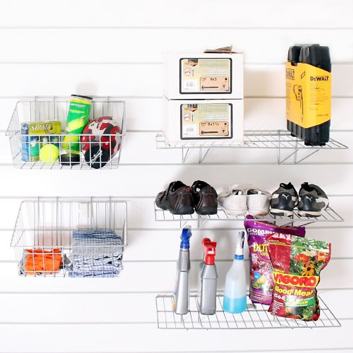 Proslat 11003 Garage Organizer Value Pack with 3 Shelves and 2 Steel Baskets, Designed for Proslat PVC Slatwall Chrome