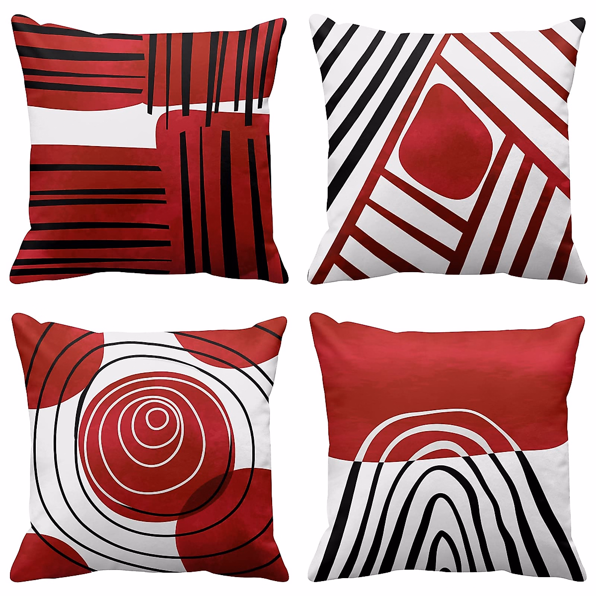 Emvency Boho Set of 4 Throw Pillow Covers Mid Century Bohemian Red Black Abstract Geometric Decorative Pillow Cases Home Decor Standard Square 18x18 Inches Pillowcases