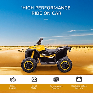 Aosom 12V Kids ATV Quad Car with Forward & Backward Function, Four Wheeler for Kids with Wear-Resistant Wheels, Music, Electric Ride-on ATV for Toddlers Ages 3+ Years Old, Yellow