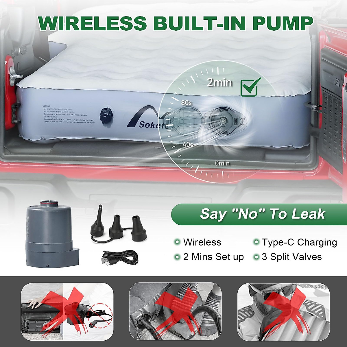 Sokeface SUV Air Mattress Camping Bed with Wireless Air Pump(2024 Newest Upgraded), 10inch Air Mattress for Jeep Wrangler JK JKU JL JLU Unlimited 4 Door Ford Bronco Subaru Forester and Fits Most SUVs