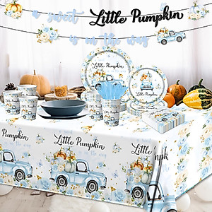 Little Pumpkin Baby Shower Decorations Tableware,142Pcs A Sweet Little Pumpkin is On The Way Boy Blue Floral Truck Disposable Tablecloth,Plates,Napkins for Autumn Fall Thanksgiving Party Supplies