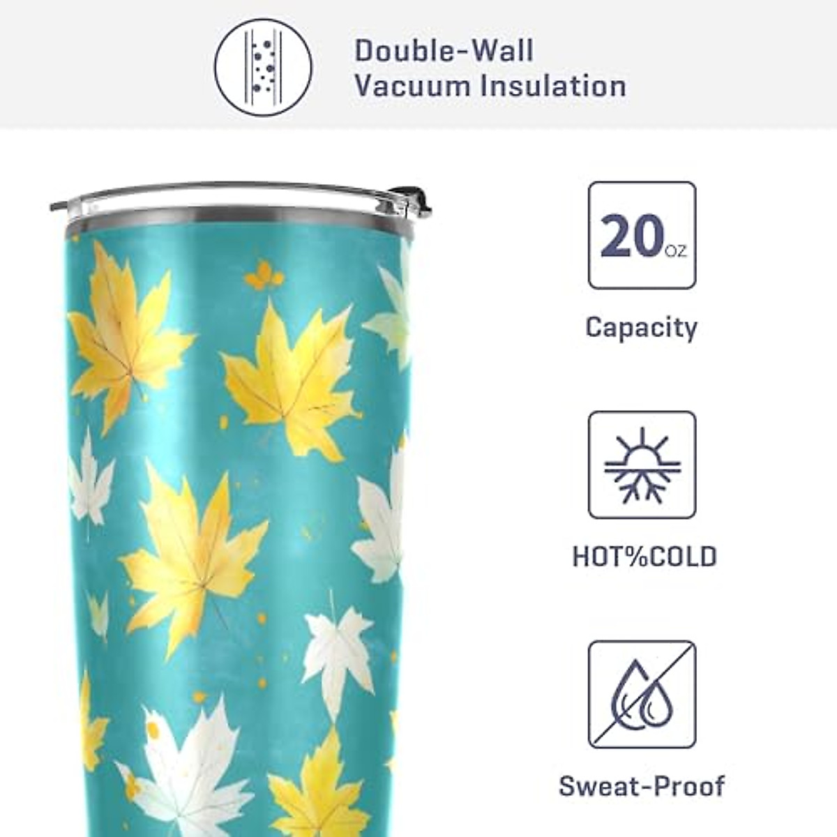 Watercolor White Yellow Maple Leaves Turquoise Stainless Steel reusable coffee cups with lids with Straw Lid coffee mug spill proof for travel simply modern insulated tumbler with lid termos