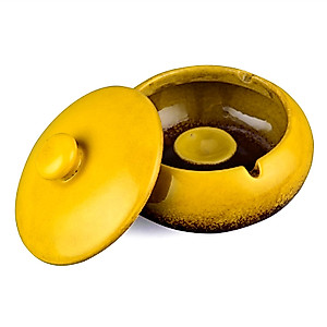 Outdoor Ashtray with Lid & Ceramic Ashtrays for Cigarettes, Round Cute Porcelain Ash Tray Pottery Smoking Holders Indoor Outdoor Patio Home Office Cool Rolling Décor-LAUYOO (Glazed Yellow)