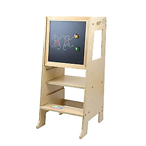 Height Adjustable Kids Kitchen Step Stool with Black and White Activity Board Learning Stool for Toddler Chef Helper Standing Tower