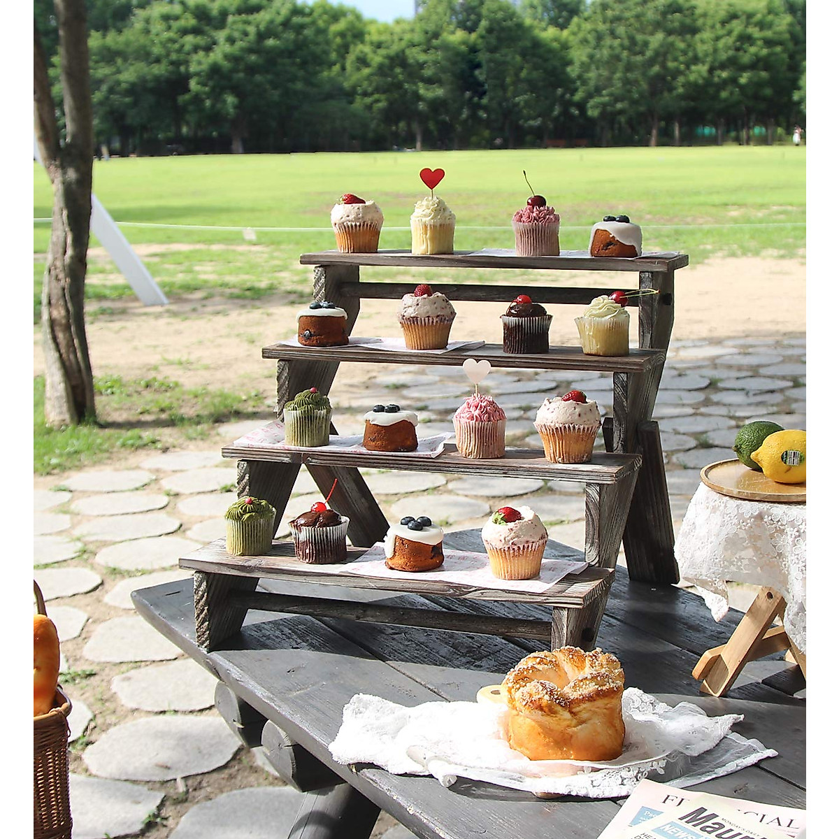 J JACKCUBE DESIGN Rustic Wood Display Stand, 4 Tier Cupcake Stand Stair Shelf, Portable Display Riser, Included Bag for Storage, Decorative Dessert Stand - MK578A