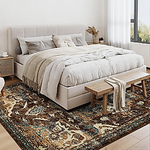 LUXLOOM Washable Rugs 9x12 Rug for Bedroom Vintage Living Room Rugs Bohemian Medallion Rug Boho Large Area Rug Non Slip Throw Rugs Stain Resistant Carpet for Office Dining Room 9'x12' Brown/Green