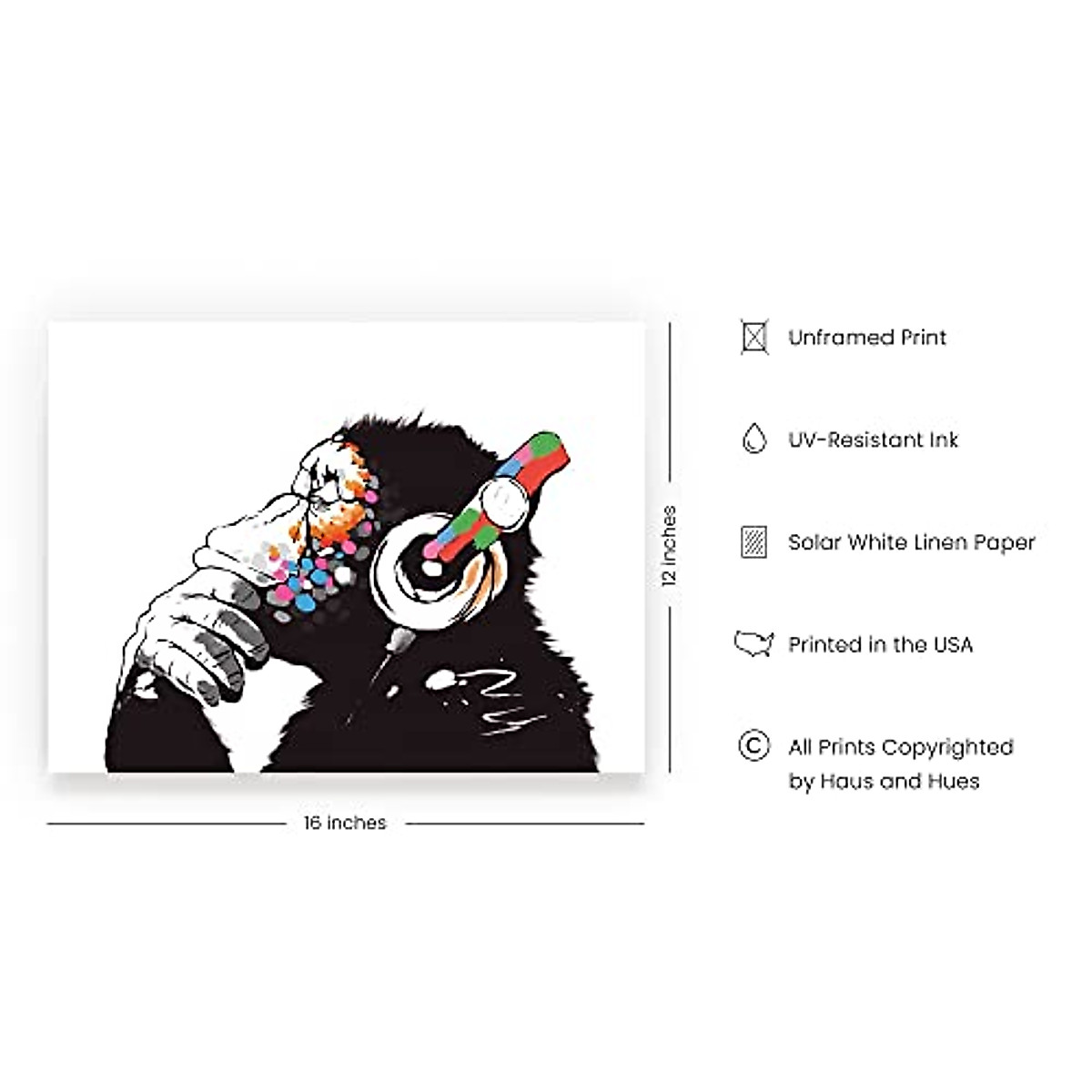 HAUS AND HUES Headphone Wall Art Banksy Wall Poster, Banksy Poster Graffiti Pop Art Wall Art for Teen Boys Bedroom Banksy Gorilla Art Wall Decor Monkey Posters UNFRAMED 12"x16" (Banksy Chimp)