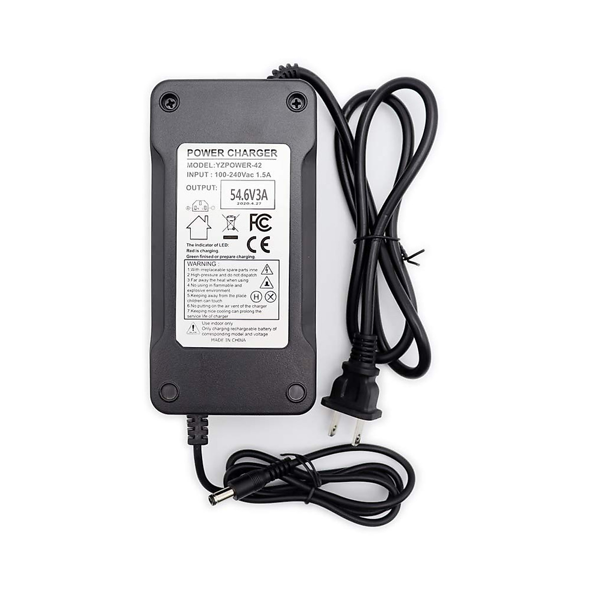 54.6V 3A AC/DC Power Adapter Supply Charger for 48V 13S Lithium Li-ion Battery Pack with 5.5x2.5mm DC Plug and 5.5x2.1mm Adapter