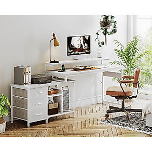 AODK 70 Inch L Shaped Computer Desk with Power Outlets & USB Charging Ports, Reversible L-Shaped Corner Desk with Drawers & Monitor Stand, Home Office Workstation with Storage Cabinet, White