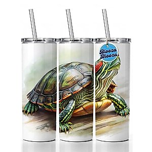 Red Eared Slider Turtle Watercolor Skinny Tumbler 20oz with Straw Insulated Water Bottle Gift