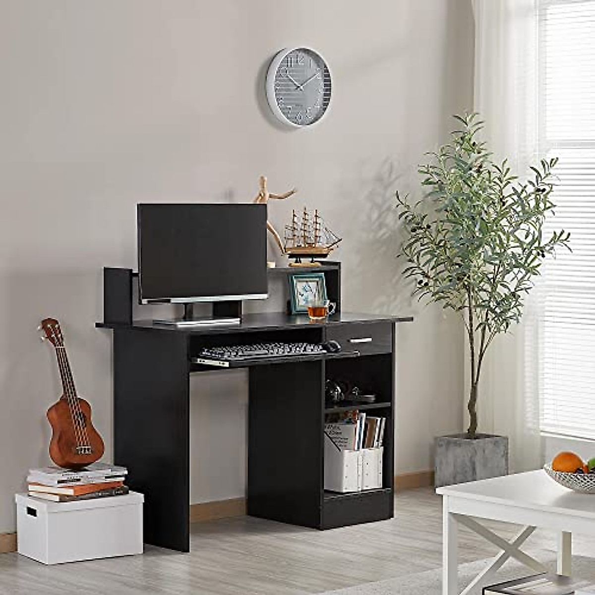 Yaheetech Home Office Wood Computer Desk with Drawers and Pull-Out Keyboard Tray, Study Writing Desk PC Laptop Table with Hutch and Storage Shelves, Modern Workstation, Black