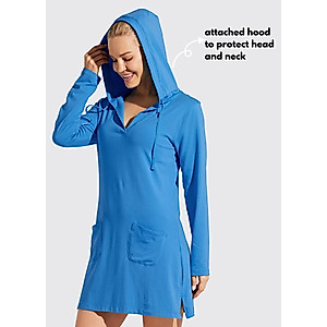 Willit Women's Long Sleeve Cotton Swim Cover Up UPF 50+ SPF Dress Hooded with Pockets Sun Protection Beach Coverup Brilliant Blue M