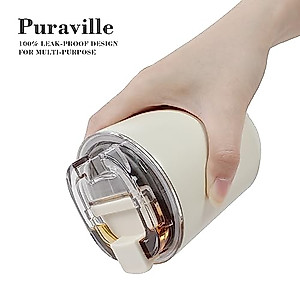 Puraville Insulated Tumblers with Lid, 10 oz Travel Coffee Mug Stainless Steel Vacuum Thermos Cup, Leak Proof Reusable Double Walled Coffee Tumbler for Iced and Hot Drinks,Cream