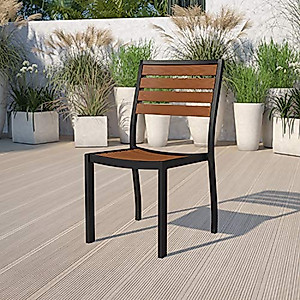 Flash Furniture Lark Outdoor Stackable Side Chair with Faux Teak Poly Slats