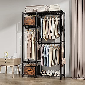 Memobarco Clothing-Rack, Heavy Duty Rolling Clothes-Rack, 4 Tiers Wire Shelving Garment Rack with 3 Hanging Rods & 2 Storage Drawers, Freestanding Portable Closet Wardrobe Clothes Organizer, Black