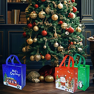 Christmas Gift Bags Tote-Bag with Handles - 12 Pack Reusable Non-Woven Xmas Party Supplies Present Holiday Santa Claus Merry Christmas Pattern for New Year Shopping L9.5"xH10.2"xW4.3" (L24xH26xW11cm)