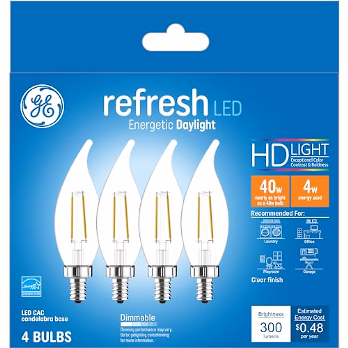 GE Refresh LED Light Bulbs, 40W, Daylight Candle Lights, Clear Decorative Light Bulbs, Small Base (4 Pack)