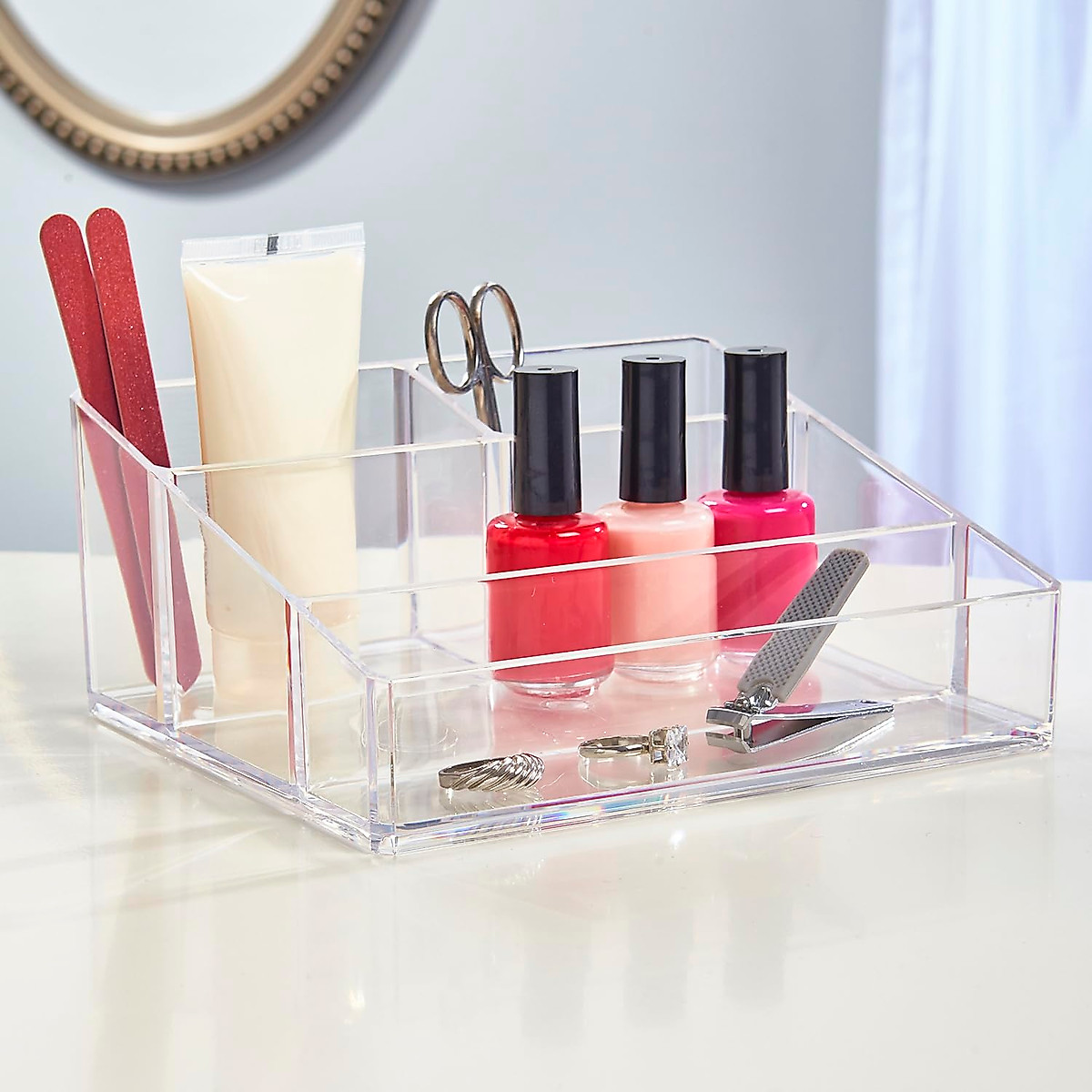 STORi Clear Plastic Vanity Makeup Organizer | Compact Rectangular 4-Compartment Holder for Brushes, Eyeshadow Palettes, & Beauty Supplies | Made in USA