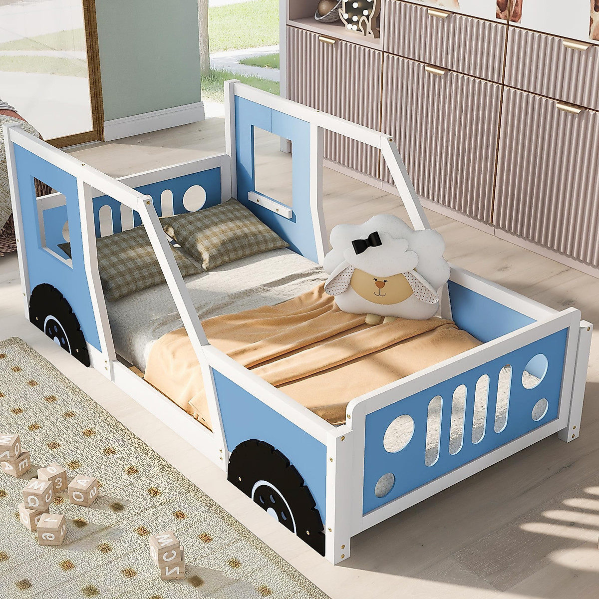 Kids Floor Bed Twin Size Platform Bed with Car-Shaped and Wheels, Wooden Twin Bed Frames with Doors and Windows, Twin Car Bed with Slat Support for Kids Boys Girls, No Box Spring Needed,Blue
