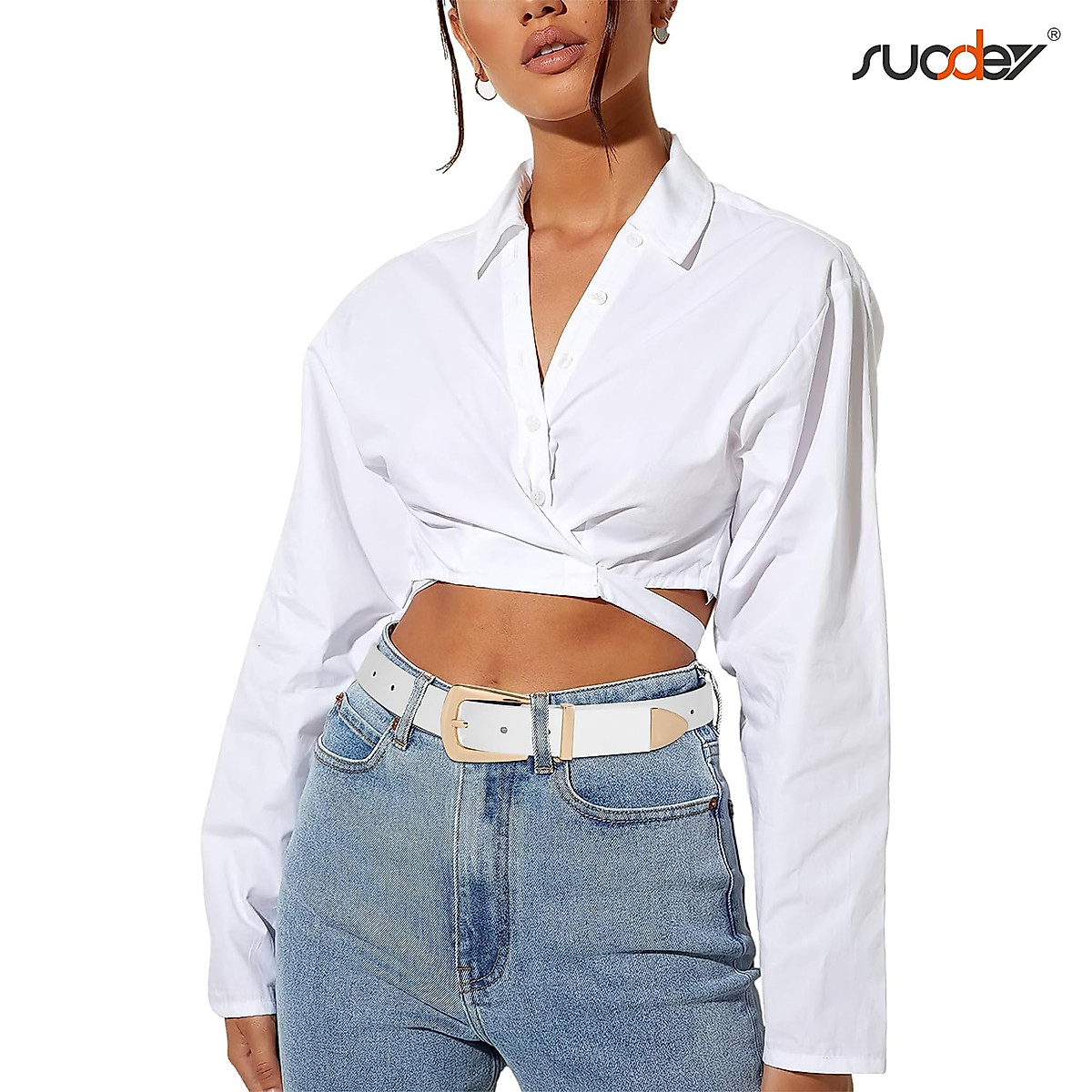 SUOSDEY Women's Leather Belts Vintage Western Belt Metal Tailed Faux Leather Ladies Belts for Jeans Pants white