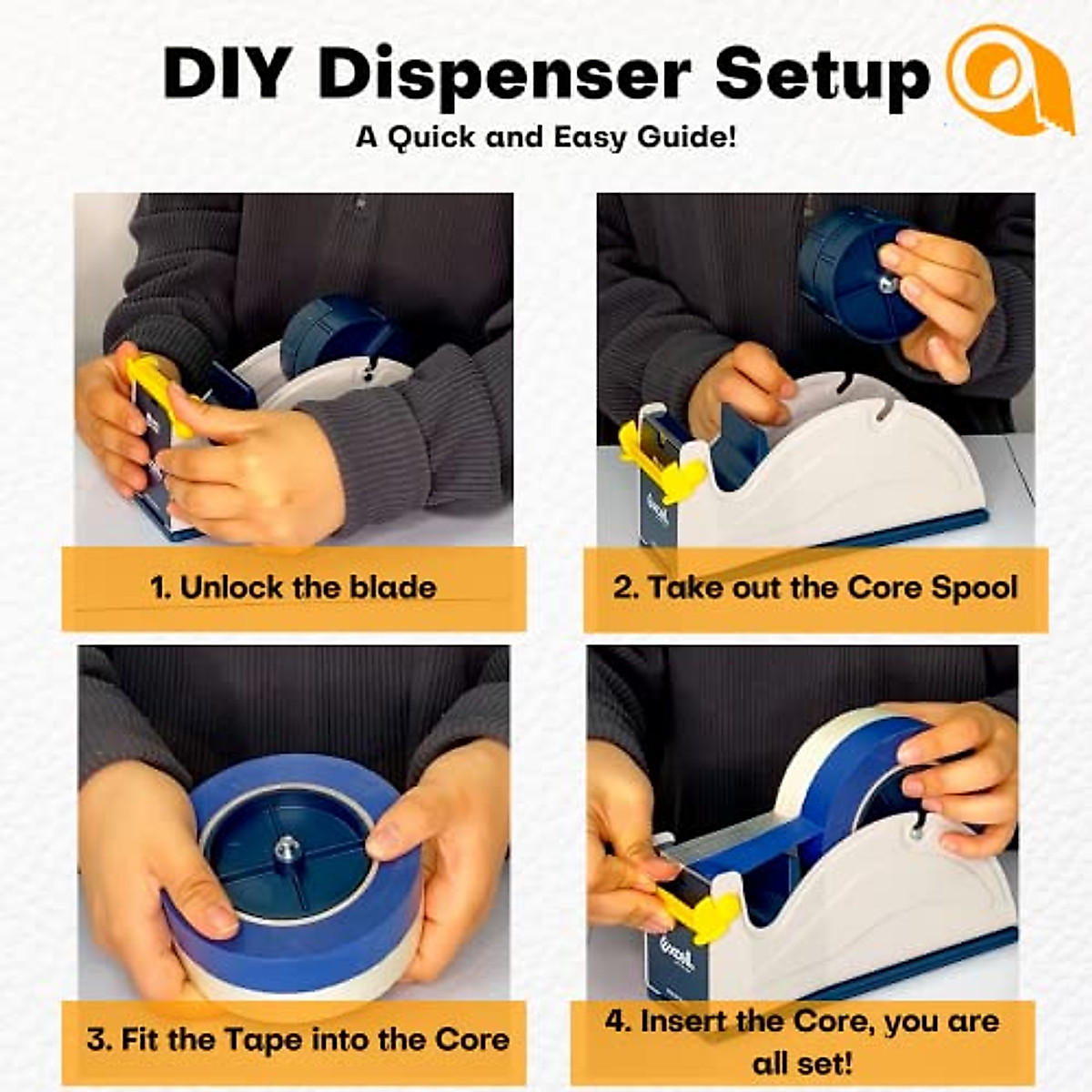 WOD TTD2SD Tabletop Twin-Roll Steel Desktop Tape Dispenser, Blue & Gray - Fits Tape up to 2 inch Wide, Holds 3 inch core, Weighted Rubber Base for Stability