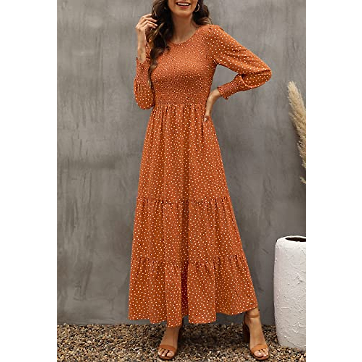 Kranda Fall Dresses for Women 2023 Round Neck Puff Long Sleeve Dress Smocked Ruffle Tiered Floral Maxi Dress Camel S