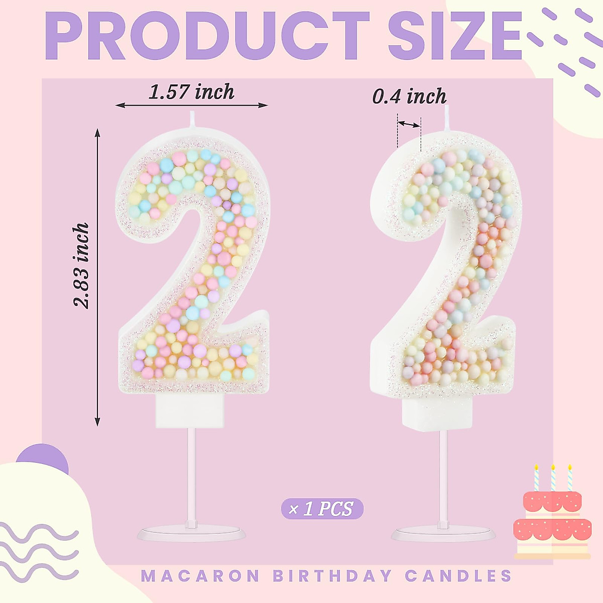 MTLEE Number 2 Candle Pastel Birthday Candle Macaron Glitter 3D Rainbow Number Candle Cake Topper for Girl Boy Birthday Wedding Anniversary Sweet Theme Party Decorations