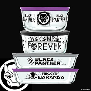 Pyrex 8-Pc Glass Food Storage Container Set, Includes (2) 4-Cup Round Glass Containers, (2) 3-Cup Rectangle Glass Containers, Meal Prep Containers with Lid, Disney's Marvel's Black Panther