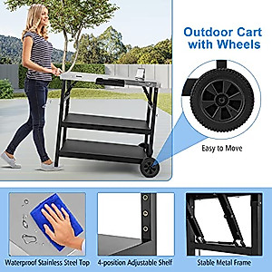 PETSITE Outdoor Grill Cart, Foldable BBQ Pizza Oven Stand, Movable Food Prep Table with Stainless Steel Tabletop & Wheels, Portable Griddle Dining Kitchen Island Cart Station for Bar Patio Outside