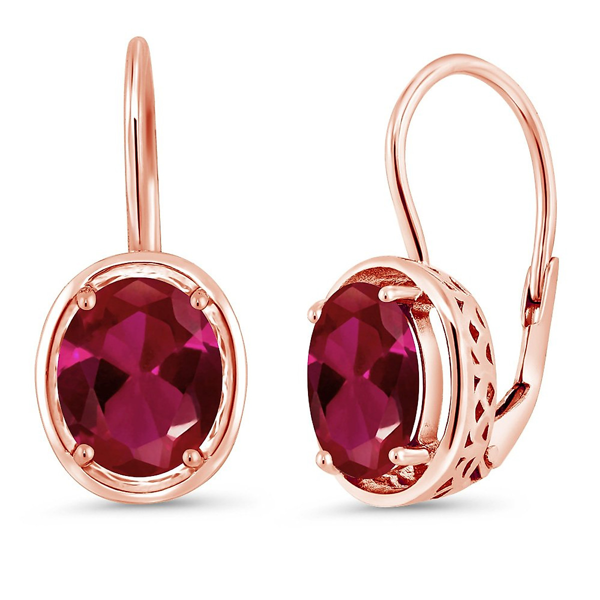 Gem Stone King 18K Rose Gold Plated Silver Red Created Ruby Dangle Earrings For Women (4.00 Cttw, Oval 9X7MM)