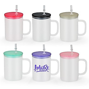 sweet grain Sublimation Glass Mug with Handle, 17 oz 6 Pack Frosted Glass Coffee Mugs with Colored Acrylic Lid, for Coffee, Tea, Cocoa, Milk