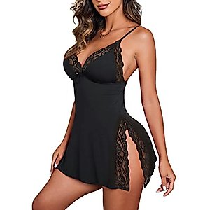 Avidlove Women's Sleepwear Modal Nightgown Full Slip Dress Lace Chemise Lingerie Babydoll Lingerie for Women Black XL