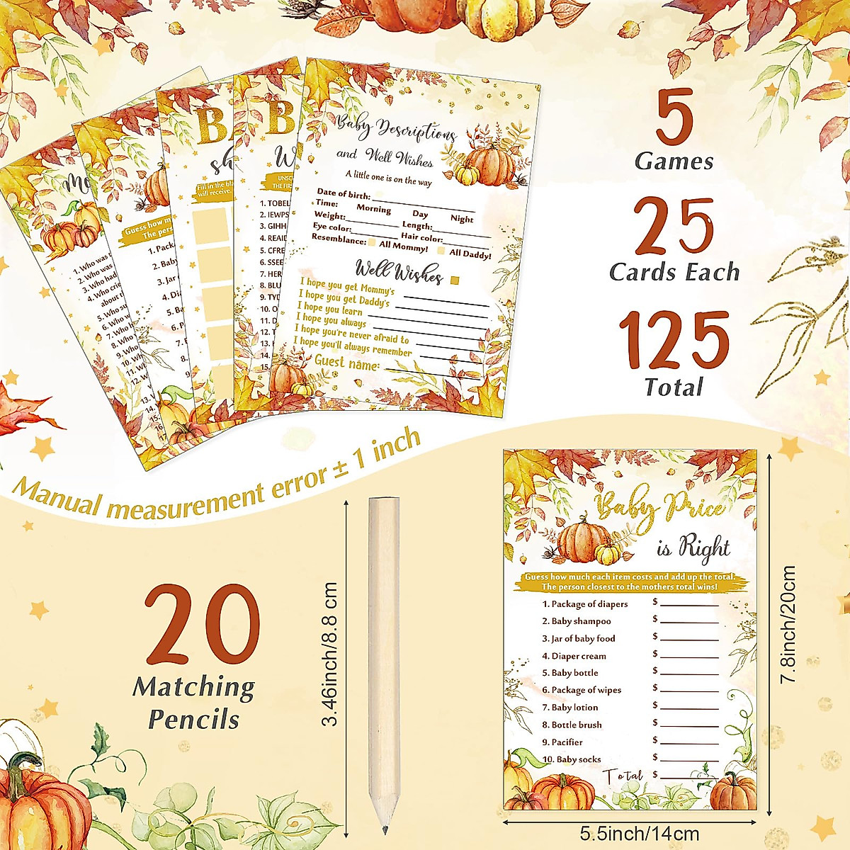 Fuutreo 145 Pieces Thanksgiving Baby Shower Party Games Sets, 125 Pumpkin Theme Baby Shower Games Paper Cards with 20 Editable Pencils Gifts for Fall Harvest Family Party Game Supplies