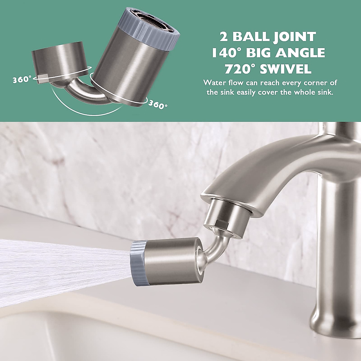 720° Faucet Aerator, 3-function Bathroom Faucet Aerator, Swivel Sink Aerator Head, Kitchen Sink Faucet Head,Faucet Sprayer Attachment 55/64-27UNS Female Thread, Faucet Nozzle Brushed Nickel