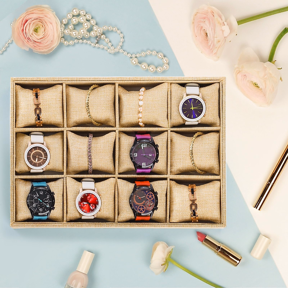 Hedume Burlap Jewelry Display, 12 Slot Sackcloth Watch Jewelry Bracelet Tray, Linen Watch Large Holder Box Display Case Organizer with 12 Grid Pillow for Men and Women